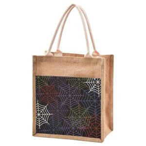 jute burlap tote bag black halloween spider web striped large capacity reusable grocery shopping storage bag