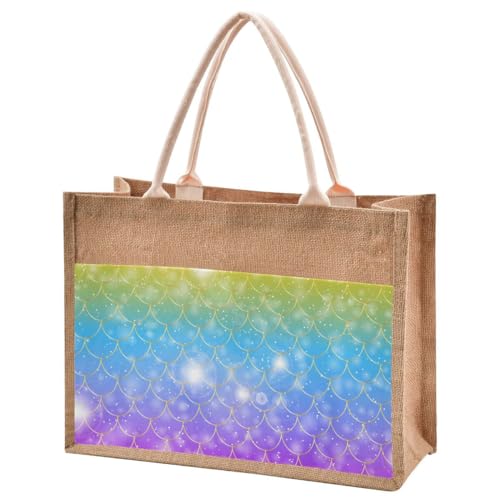 Jute Burlap Tote Rainbow Mermaid Tail Scale Ocean Sea Large Beach Bag Reusable Grocery Shopping Storage Bag