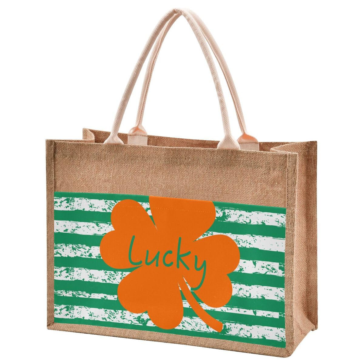 Jute Burlap Tote Luck Clover Shamrock St Patrick's Day Spring Striped Green Orange Large Beach Bag Reusable Grocery Shopping Storage Bag