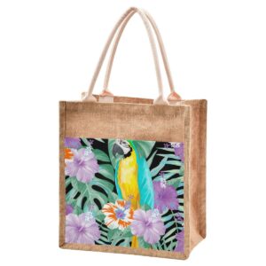 jute burlap tote bag parrot tropical bird floral flowers leaves purple green large capacity reusable grocery shopping storage bag