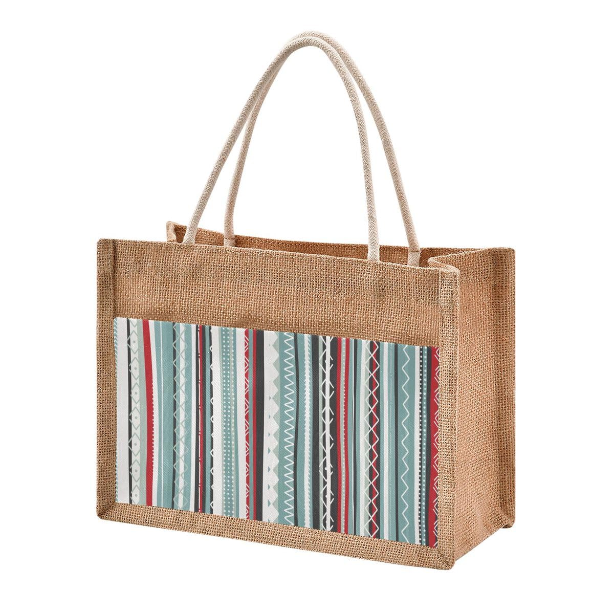 Jute Tote Burlap Bag Bohemian Striped Geometric Tribal Grey Blue Gift Bag Women DIY Work Grocery Storage Bag