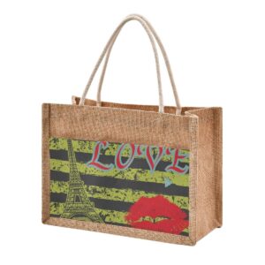 jute tote burlap bag valentine's day love paris eiffel tower striped kiss lip green black gift bag women diy work grocery storage bag