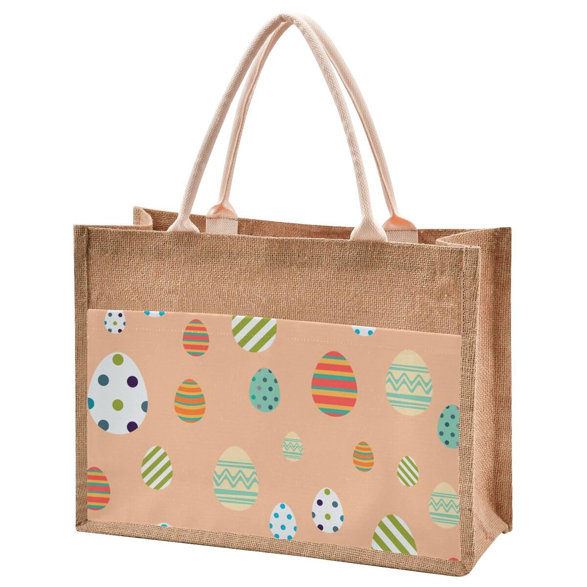 Jute Burlap Tote Happy Easter Eggs Striped Cute Cartoon Pink Orange Large Beach Bag Reusable Grocery Shopping Storage Bag