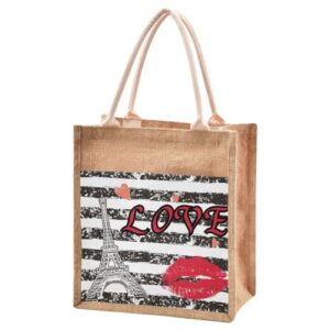 jute burlap tote bag valentine's day birthday love lip striped eiffel tower black large capacity reusable grocery shopping storage bag