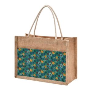 jute tote burlap bag floral flowers ditsy elegant abstract green yellow gift bag women diy work grocery storage bag