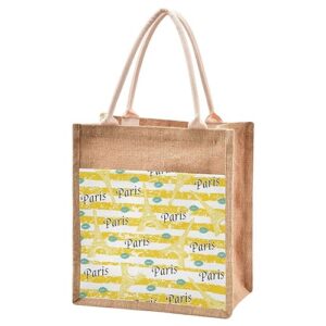 jute burlap tote bag valentine's day love paris eiffel tower striped kiss lip yellow large capacity reusable grocery shopping storage bag