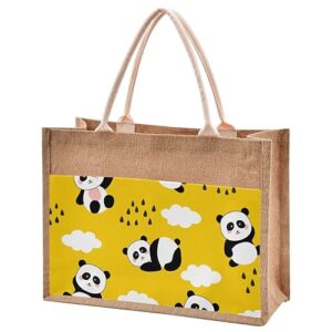 jute burlap tote panda yellow black cloud sky rain drops cute animal large beach bag reusable grocery shopping storage bag