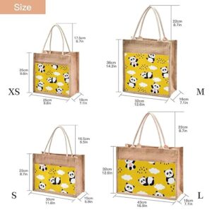 Jute Burlap Tote Panda Yellow Black Cloud Sky Rain Drops Cute Animal Large Beach Bag Reusable Grocery Shopping Storage Bag