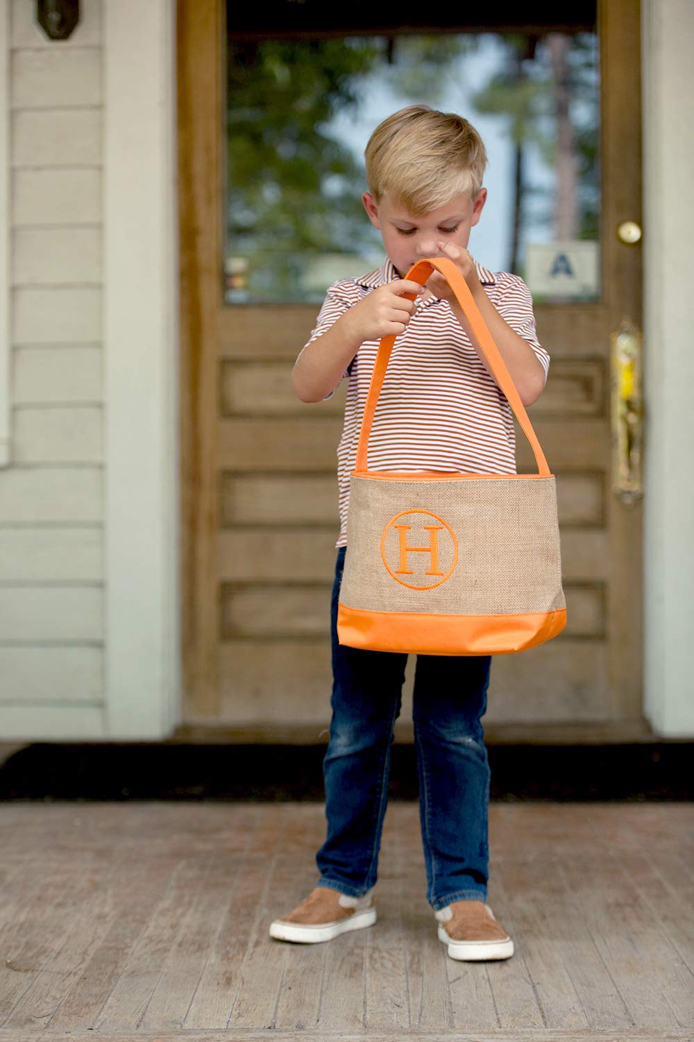 Large Burlap Bucket Tote Bag -Children's Toys- Halloween - Baby *Can Be Personalized (Monogrammed - Orange)