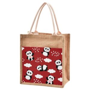 jute burlap tote bag panda red black cloud sky rain drops cute animal large capacity reusable grocery shopping storage bag