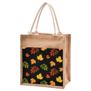 jute burlap tote bag autumn maple leaves thanksgiving day halloween orange black large capacity reusable grocery shopping storage bag