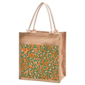 jute burlap tote bag green orange leopard skin texture striped animal vintage large capacity reusable grocery shopping storage bag