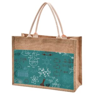 jute burlap tote green blue science education formulas math biology aerospace large beach bag reusable grocery shopping storage bag