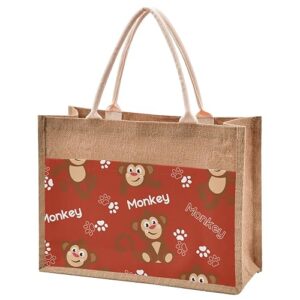 jute burlap tote monkey animal paw footprints letter cute red new year christmas large beach bag reusable grocery shopping storage bag