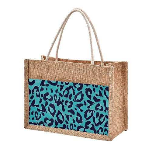 Jute Tote Burlap Bag Leopard Skin Texture Striped Animal Vintage Blue Navy Gift Bag Women DIY Work Grocery Storage Bag