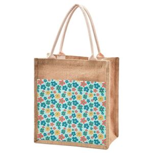 jute burlap tote bag scattered daisy floral flowers country garden green yellow summer spring large capacity reusable grocery shopping storage bag