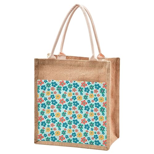 Jute Burlap Tote Bag Scattered Daisy Floral Flowers Country Garden Green Yellow Summer Spring Large Capacity Reusable Grocery Shopping Storage Bag