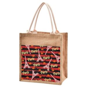 jute burlap tote bag valentine's day love paris eiffel tower striped kiss lip red black large capacity reusable grocery shopping storage bag