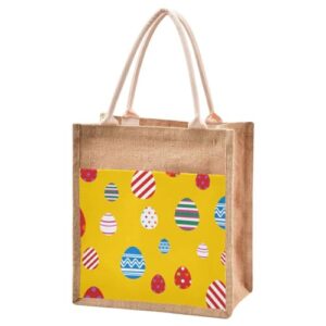 jute burlap tote bag happy easter eggs striped cute cartoon yellow large capacity reusable grocery shopping storage bag