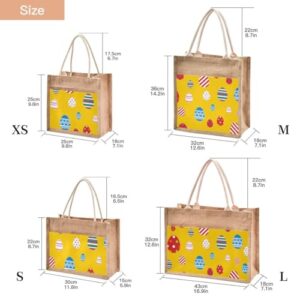 Jute Burlap Tote Bag Happy Easter Eggs Striped Cute Cartoon Yellow Large Capacity Reusable Grocery Shopping Storage Bag