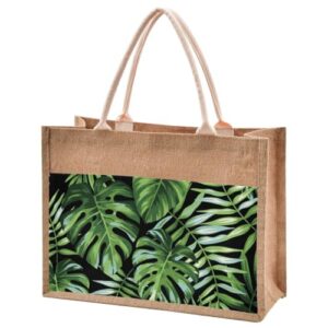 jute burlap tote green tropical palm leaves exotic watercolor summer black large beach bag reusable grocery shopping storage bag