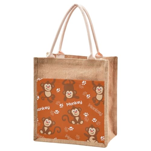 Jute Burlap Tote Bag Red Monkey Animal Paw Footprints Letter Cute New Year Christmas Large Capacity Reusable Grocery Shopping Storage Bag