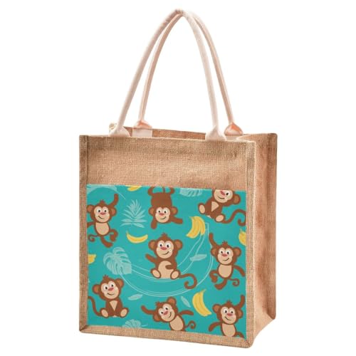 Jute Burlap Tote Bag Green Monkey Banana Palm Leaves Tropical Cute Animal Large Capacity Reusable Grocery Shopping Storage Bag