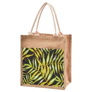 jute burlap tote bag tropical palm leaves exotic watercolor summer green large capacity reusable grocery shopping storage bag