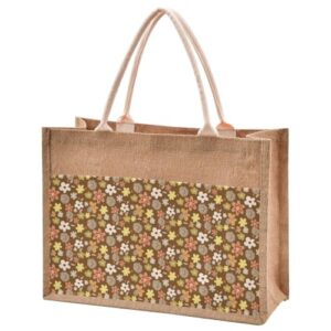 jute burlap tote floral flowers ditsy elegant abstract brown yellow large beach bag reusable grocery shopping storage bag