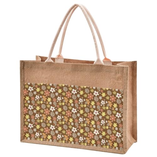 Jute Burlap Tote Floral Flowers Ditsy Elegant Abstract Brown Yellow Large Beach Bag Reusable Grocery Shopping Storage Bag