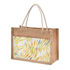 jute tote burlap bag orange hippie tropical palm leaves exotic watercolor summer gift bag women diy work grocery storage bag