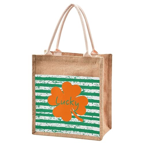 Jute Burlap Tote Bag Luck Clover Shamrock St Patrick's Day Spring Striped Green Orange Large Capacity Reusable Grocery Shopping Storage Bag