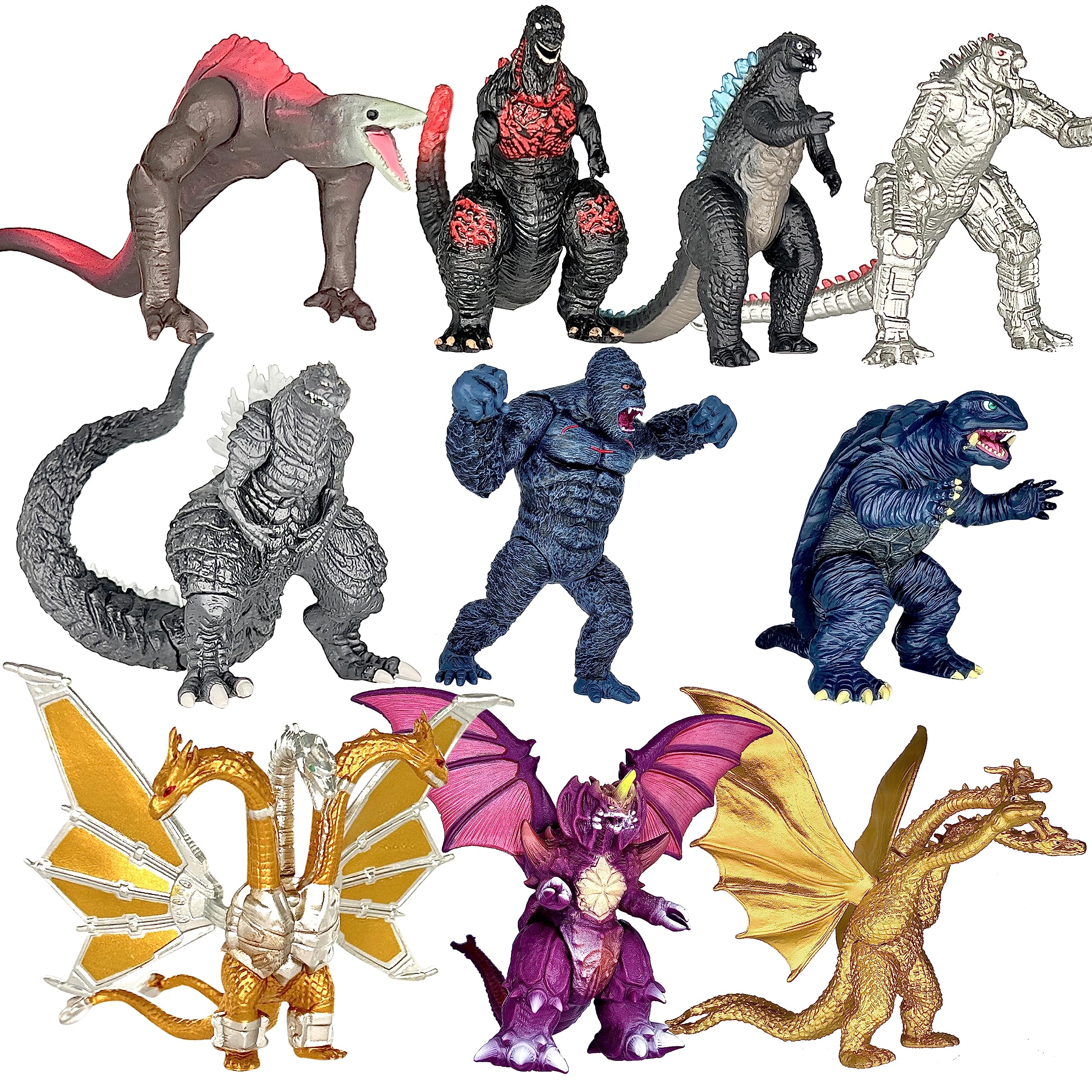 TwCare Set of 10 Godzilla vs Kong Dinosaur Dragon Toys Movable Joint Action Figures, King of The Monsters Shin Ultima Gamera Mecha MechaGodzilla Ghidorah Skull Crawler Destoroyah Cake Toppers Pack