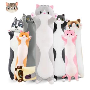 nxnynz long cat plush pillow, 19.6in cute cat plushie stuffed animals body pillow, grey kawaii kitten soft plushie doll toy birthday gift for kids girlfriend