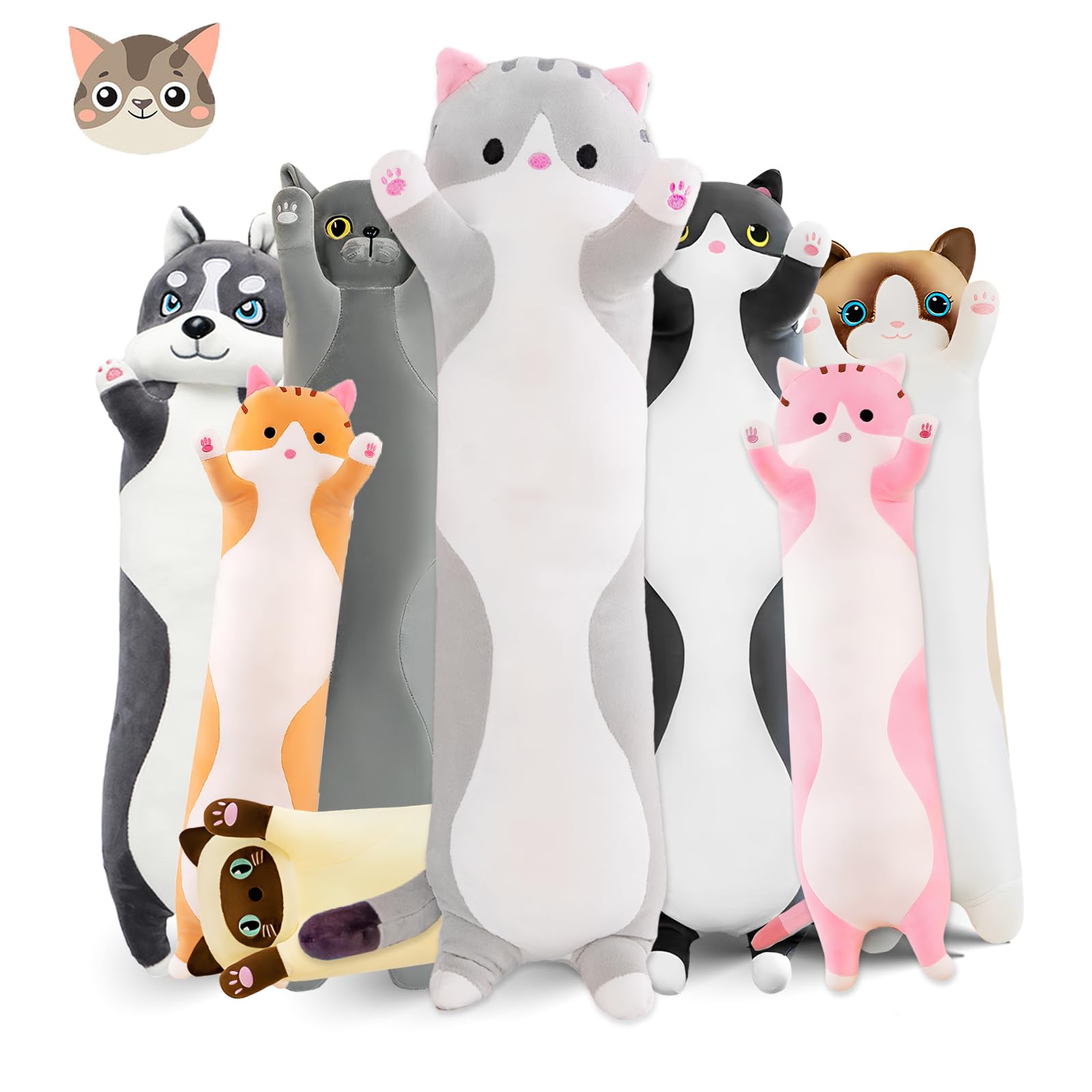 NXNYNZ Long Cat Plush Pillow, 19.6in Cute Cat Plushie Stuffed Animals Body Pillow, Grey Kawaii Kitten Soft Plushie Doll Toy Birthday Gift for Kids Girlfriend