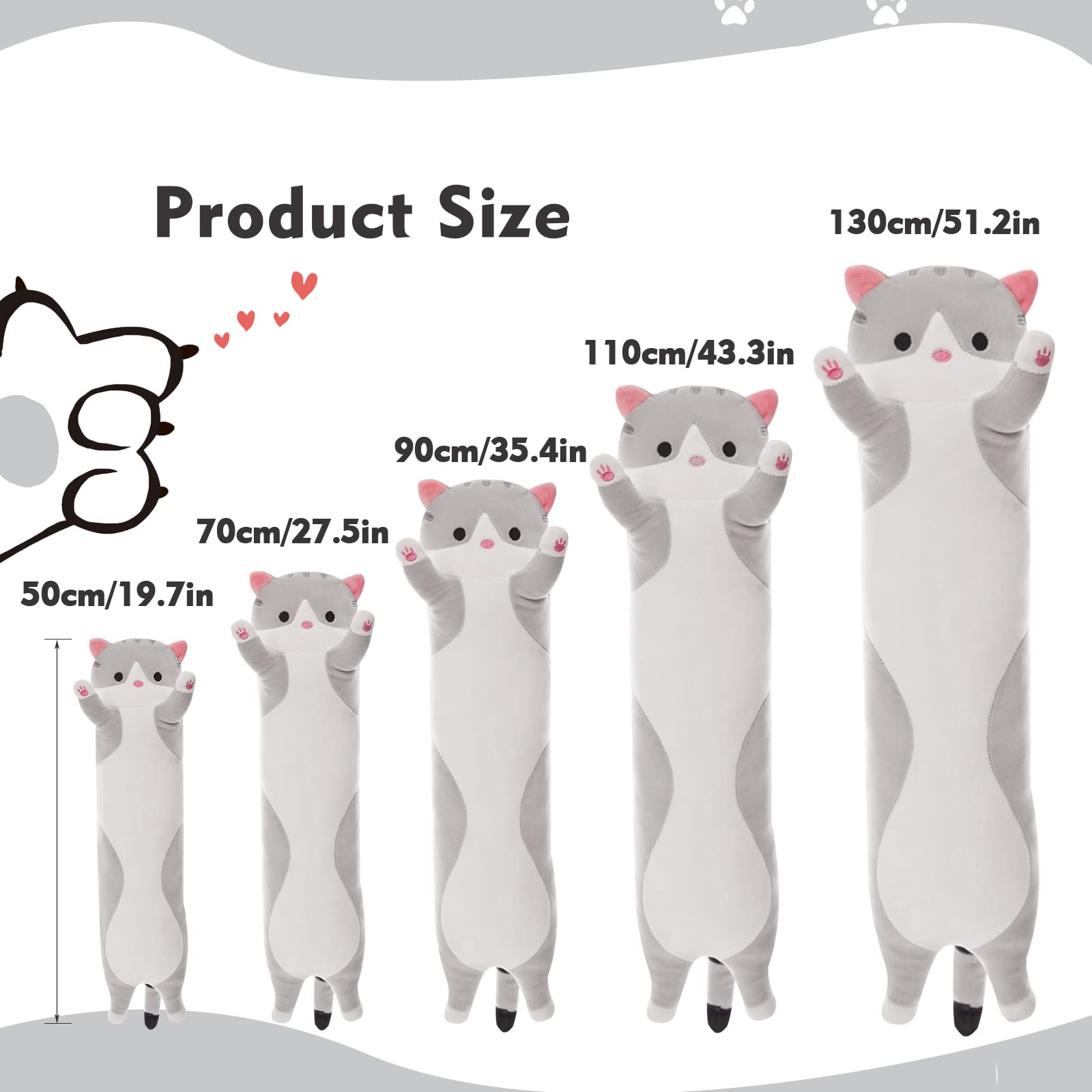 NXNYNZ Long Cat Plush Pillow, 19.6in Cute Cat Plushie Stuffed Animals Body Pillow, Grey Kawaii Kitten Soft Plushie Doll Toy Birthday Gift for Kids Girlfriend