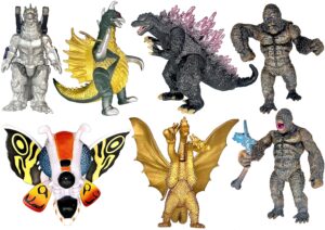 twcare set of 7 godzilla toys with carry bag, movable joint action figures 2021, king of the monsters mini dinosaur mothra imago burning heisei mecha ghidorah playsets kids birthday cake toppers pack