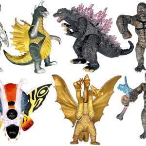 TwCare Set of 7 Godzilla Toys with Carry Bag, Movable Joint Action Figures 2021, King of The Monsters Mini Dinosaur Mothra Imago Burning Heisei Mecha Ghidorah Playsets Kids Birthday Cake Toppers Pack