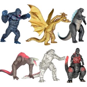 twcare exclusive set of 6 godzilla vs kong toys movable joint action figures, king of the monster dinosaur shin ghidorah skull crawler mecha mechagodzilla cake toppers pack