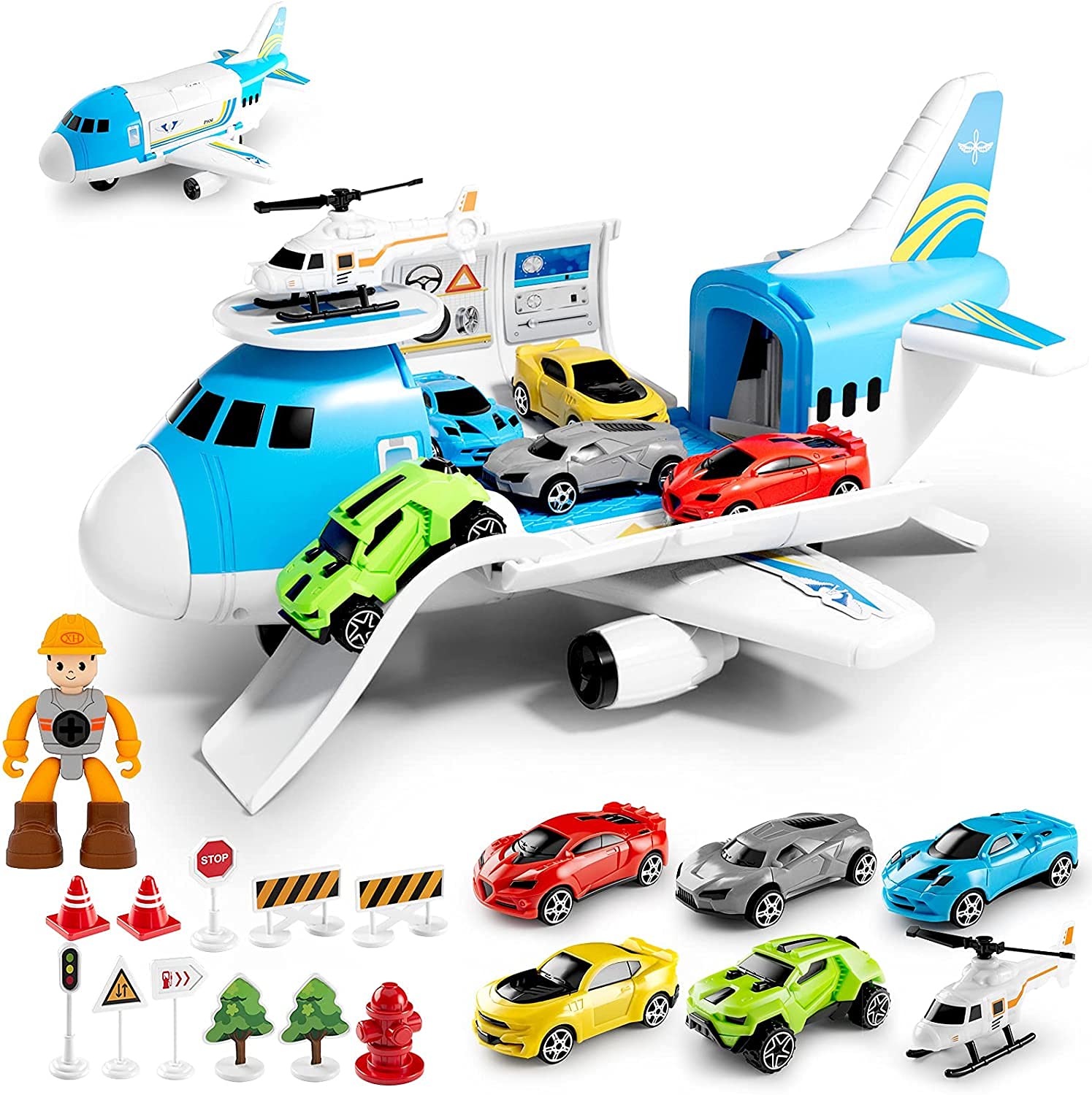 LOVE LIFE Airplane Toy Set Transport Cargo Plane Play Toy Gift for 3 4 5 6 Years Old Boys Girls Kids,Aircraft Vehicle Toys with 5 Mini Cars,Helicopter and Construction Worker