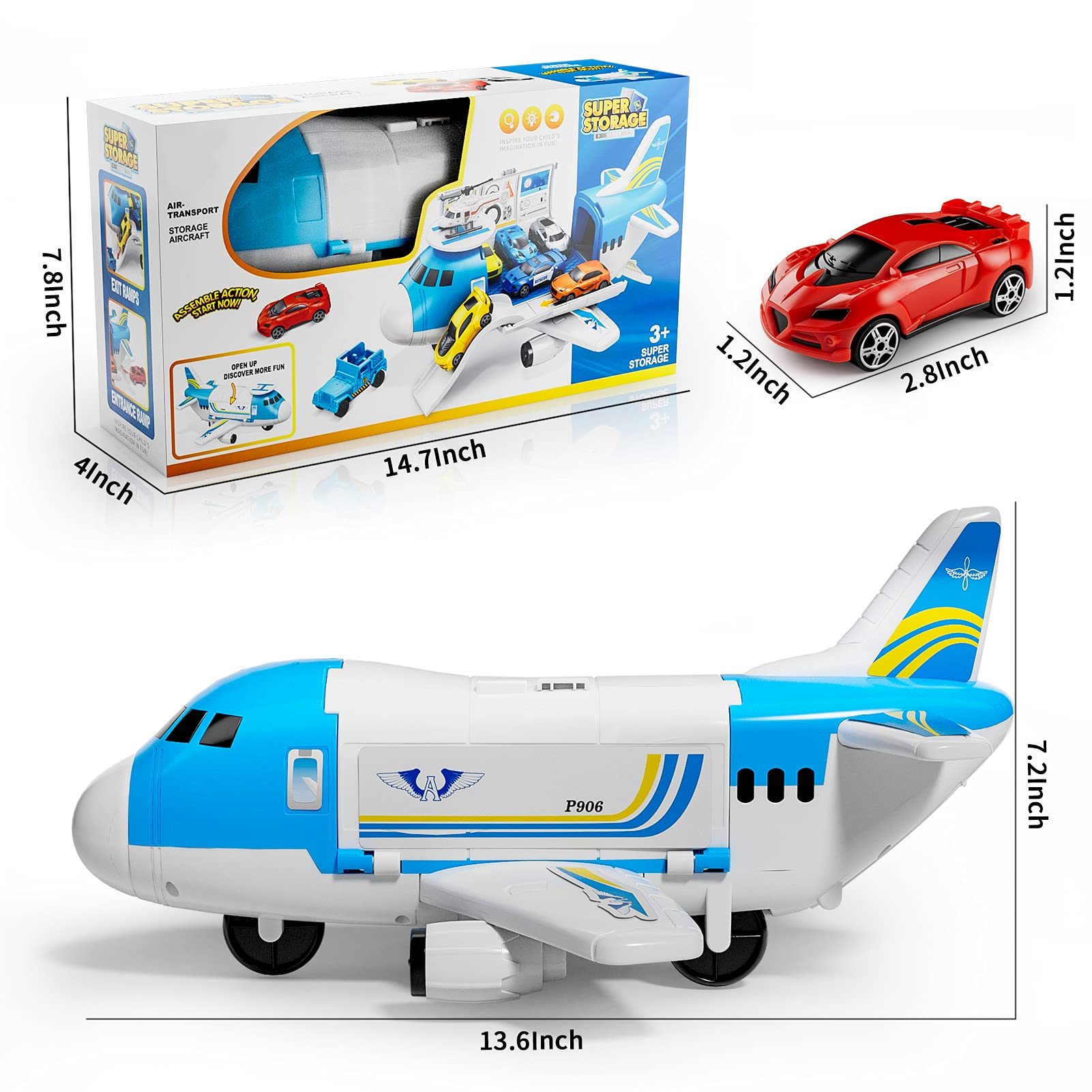 LOVE LIFE Airplane Toy Set Transport Cargo Plane Play Toy Gift for 3 4 5 6 Years Old Boys Girls Kids,Aircraft Vehicle Toys with 5 Mini Cars,Helicopter and Construction Worker