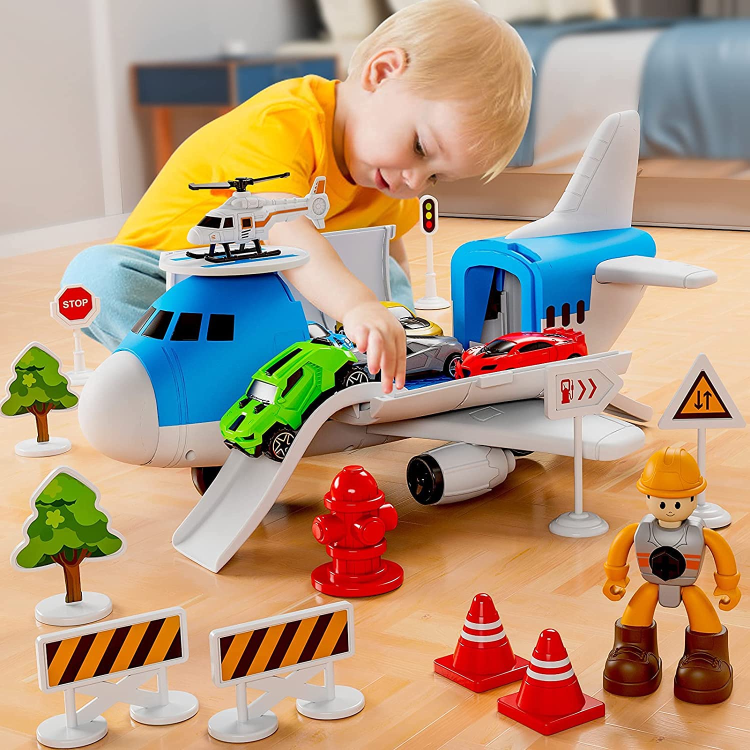 LOVE LIFE Airplane Toy Set Transport Cargo Plane Play Toy Gift for 3 4 5 6 Years Old Boys Girls Kids,Aircraft Vehicle Toys with 5 Mini Cars,Helicopter and Construction Worker