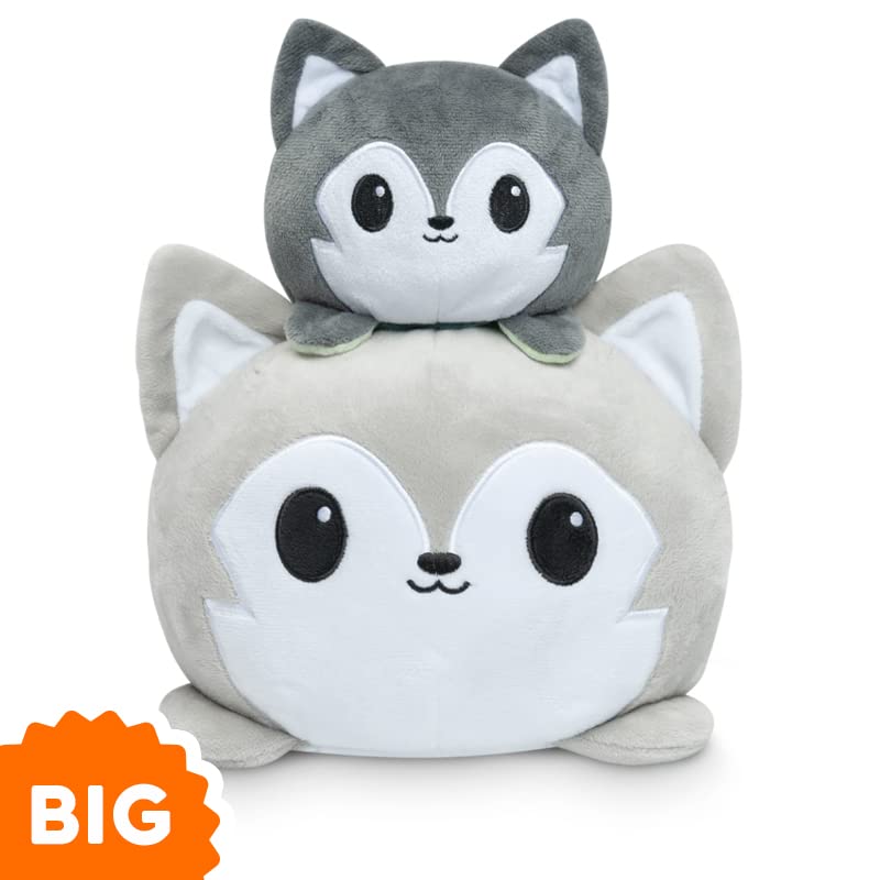 TeeTurtle - Original Reversible Big Wolf Plushie - Light Gray - Huggable and Soft Sensory Fidget Toy Stuffed Animals That Show Your Mood