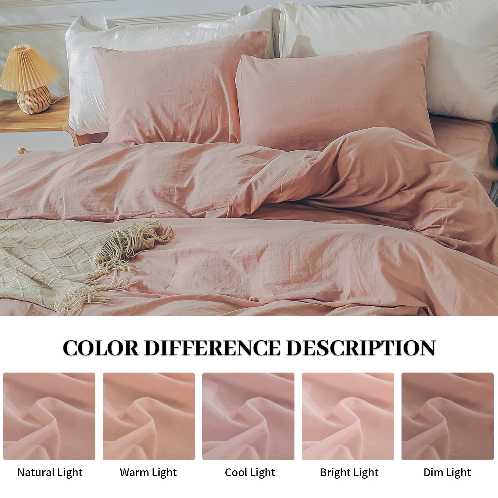 NEXHOME PRO Duvet Cover Set Queen Size Linen Feel Textured Organic Natural 100% Washed Cotton Duvet Cover 3 Pieces Bedding Set with Zipper Closure, Breathable, Soft, Pink (No Comforter)