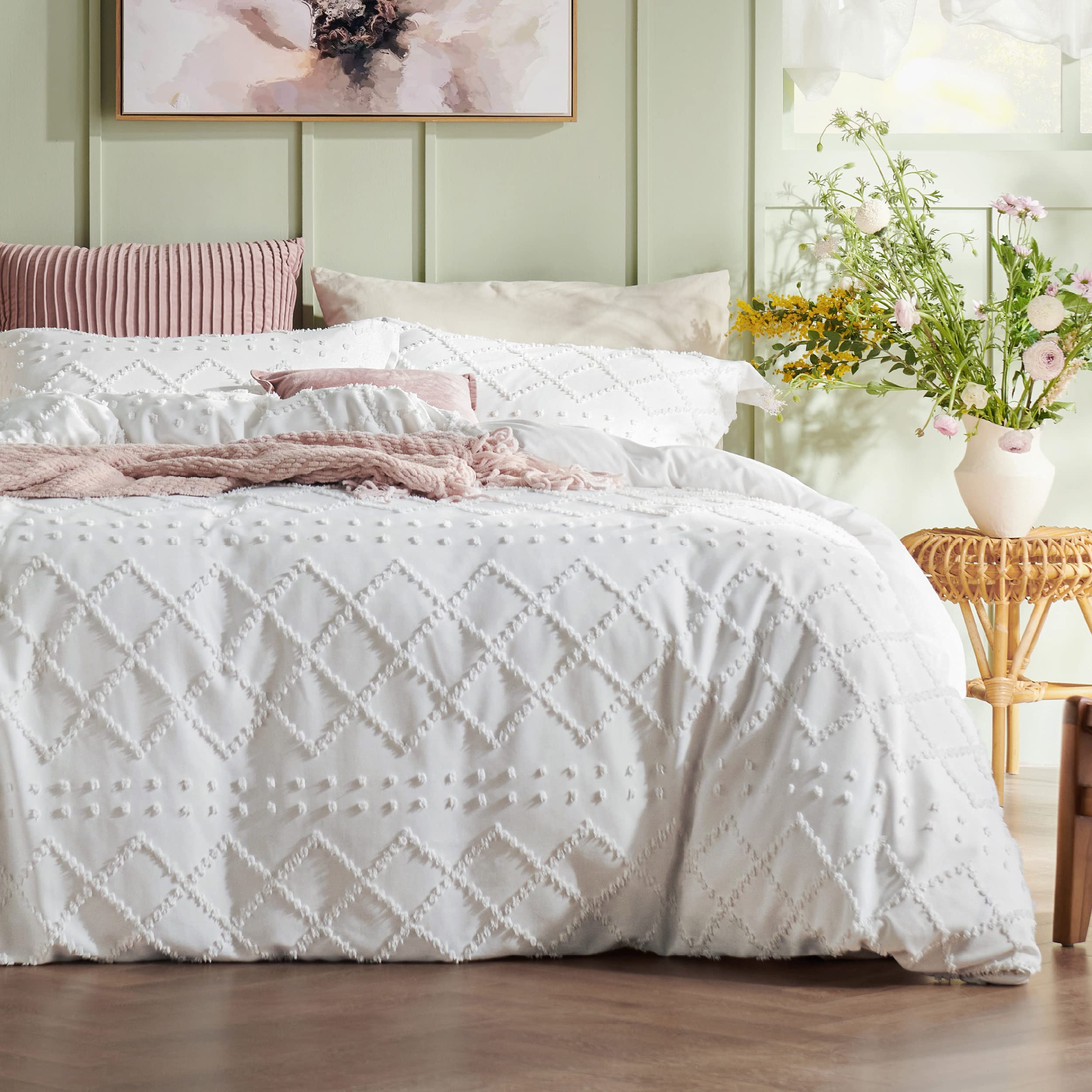 Bedsure Twin/Twin XL Duvet Cover - Duvet Cover Twin Size, Twin Boho Bedding for All Seasons, 2 Pieces Embroidery Shabby Chic Home Bedding Duvet Cover (White, Twin/Twin XL, 68x90)