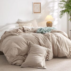 bedsure 100% washed cotton duvet cover king size - warm sand minimalist duvet cover set linen like - 3 pieces plain simple cotton duvet cover set with 2 pillow shams (warm sand, king, 104"x90")