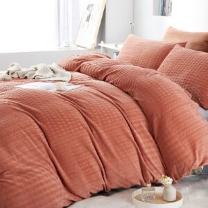 MorroMorn Queen Duvet Cover Set, 3 PCS Boho Queen Bedding Sets Luxury Plush 3D Embossed - 1 Fluffy Comforter Cover 2 Pillowcases, Soft Blanket Blush Pink Orange (Rust Terracotta, Full/Queen)