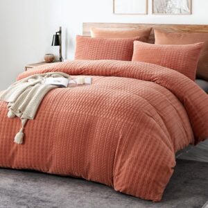 morromorn queen duvet cover set, 3 pcs boho queen bedding sets luxury plush 3d embossed - 1 fluffy comforter cover 2 pillowcases, soft blanket blush pink orange (rust terracotta, full/queen)