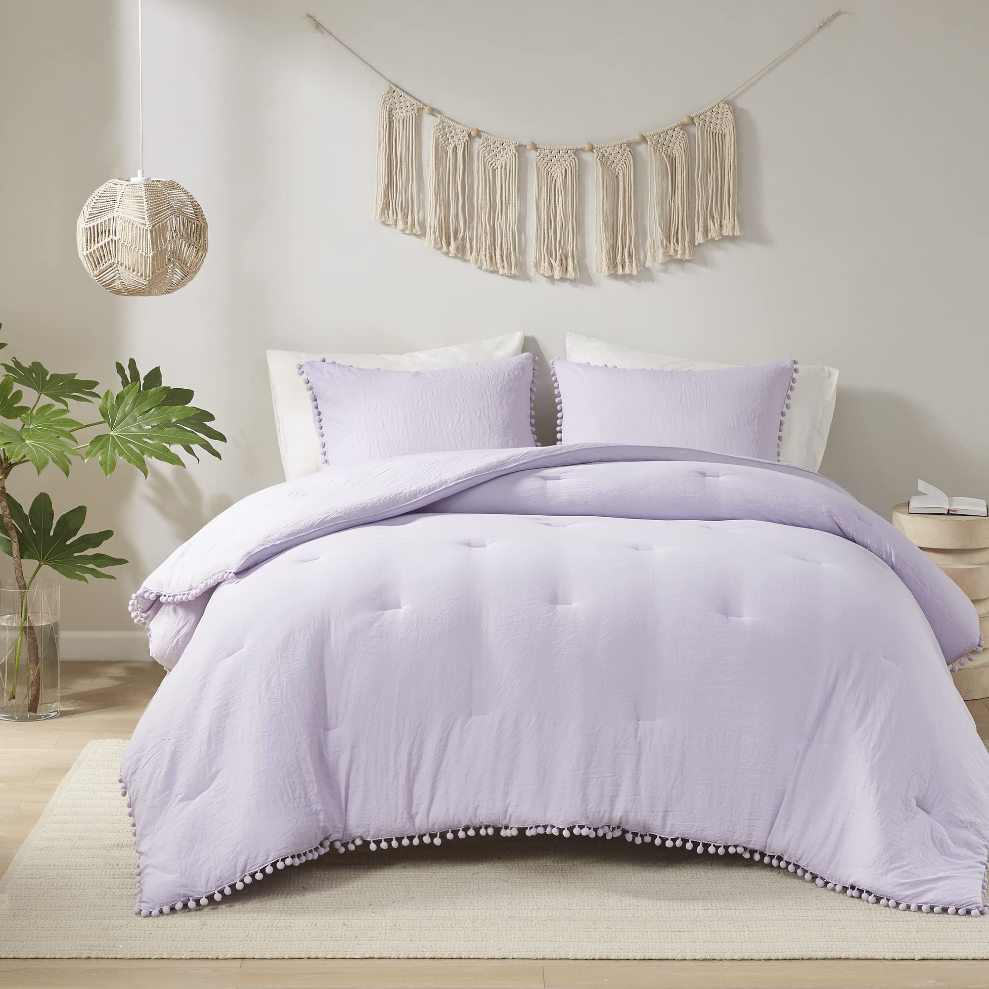 Codi Lavender Purple Boho Full/Queen Comforter Set, Aesthetic Pom Fringe Bedding for Teen Girls, Cute Soft Washed Microfiber Bed Sets, Lightweight 3pcs,1 Comforter & 2 Pillowcases (90x90 Inches)