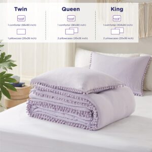 Codi Lavender Purple Boho Full/Queen Comforter Set, Aesthetic Pom Fringe Bedding for Teen Girls, Cute Soft Washed Microfiber Bed Sets, Lightweight 3pcs,1 Comforter & 2 Pillowcases (90x90 Inches)